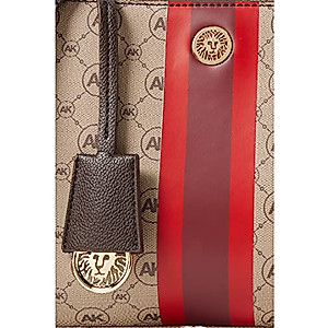 Anne Klein Mini Logo Satchel, Cream-Brown/Espresso w/Red-Rhubarb Stripe