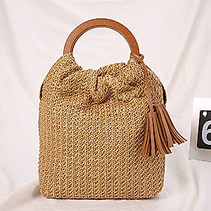 QTKJ Hand-woven Large Straw Tote Bag with Brown Leather Tassels Boho Brown Wooden Round Handle Tote Retro Summer Beach Bag Rattan Handbag (Light Coffee)