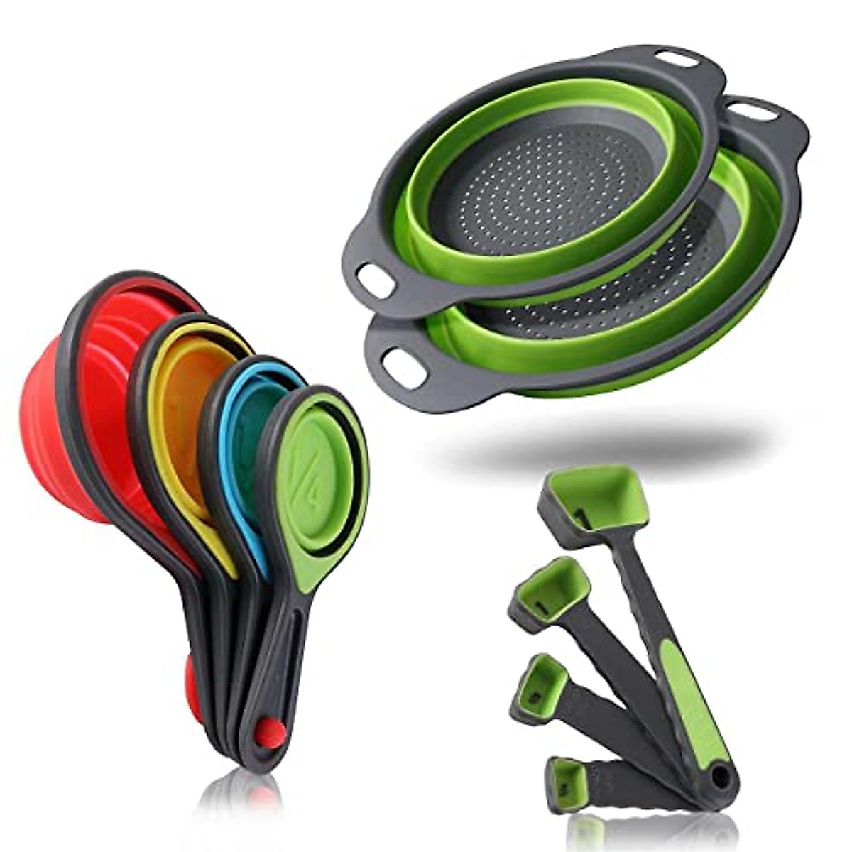 Collapsible Colander - 2 Pc Strainer Plus Portable Food Grade Silicone Measuring Cups and Spoons - Pasta Strainer for Draining, Vegetables, Fruits 1 Medium 4-Quart & 1 Small 2-Quart - Home Essentials