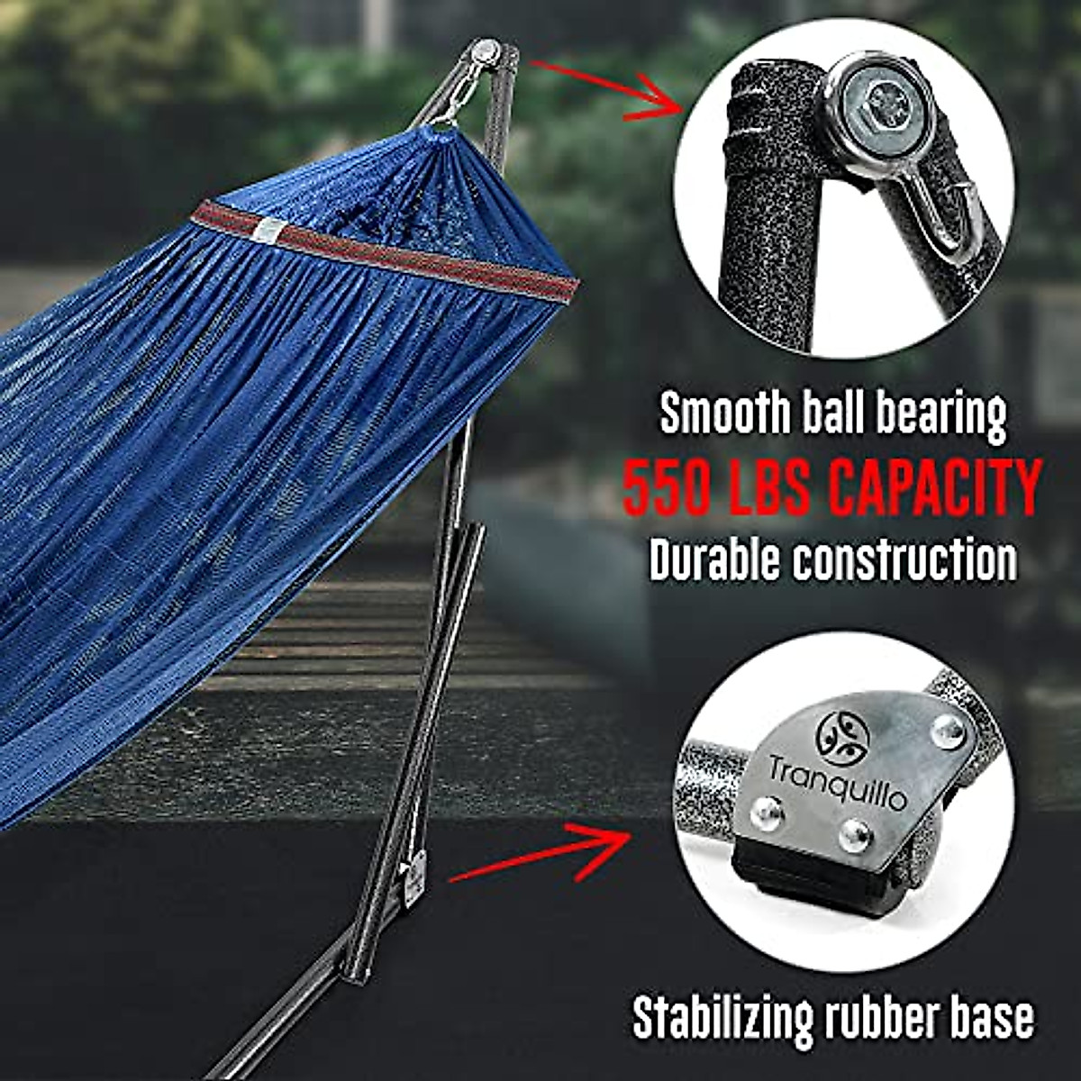 Tranquillo Adjustable Hammock Stand, Collapsible Camping Hammock and Stand, 550 lbs Capacity Steel Double Hammock Stand for 2 Persons, Premium Pre-Assembled Stand for Indoor Outdoor, Anti-flip, Aegean