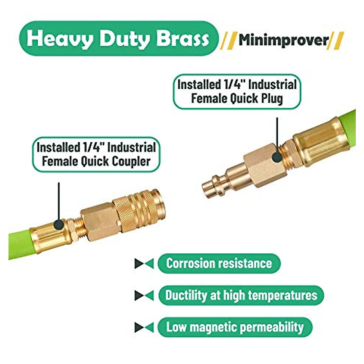 Minimprover 3/8" x 12 Inch Heavy Duty Short Air Compressor EPDM Rubber Hose 300 PSI: 1/4" Male NPT to 1/4" Male NPT Connections With Quick Coupler Brass Fitting
