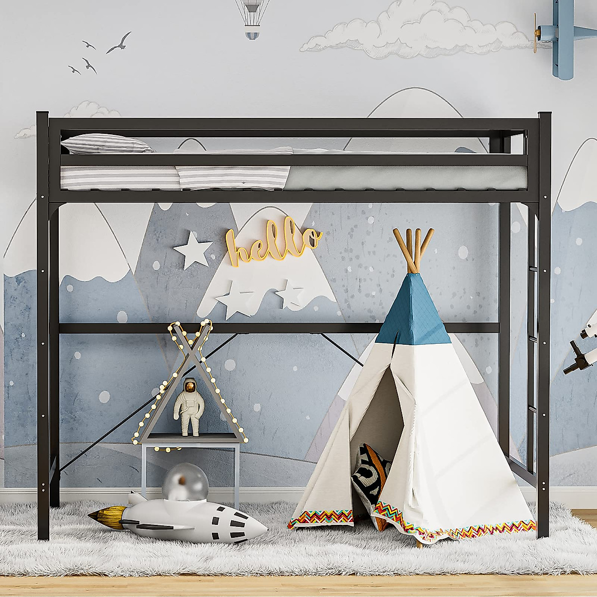 AOVSA Metal Loft Bed Twin Size with 2 Ladders, Junior Metal Twin Over Loft Bunk Bed with Safety Guard for Adults Teens/Space-Saving/Noise Free/No Box Spring Needed - Black