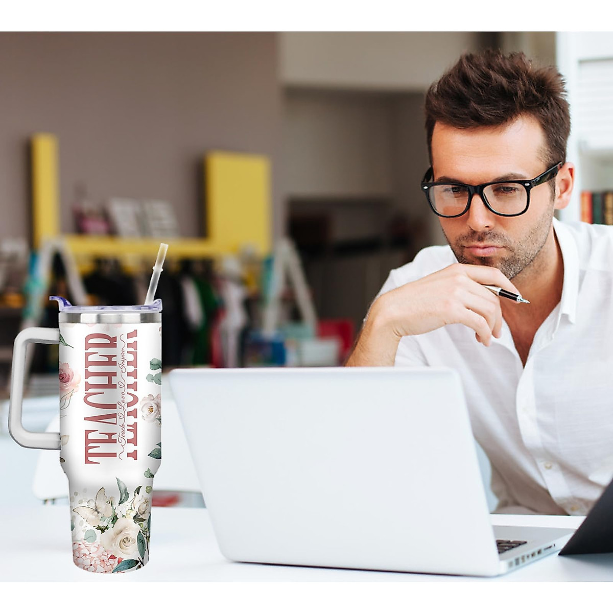 thmasamwr 40oz Teacher Tumbler with Handle, Stainless Steel Teacher Water Bottle Cup, Teacher's Travel Coffee Mug, Thanksgiving,Christmas,Graduation Gifts for Teachers