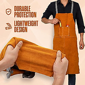 Houseables Leather Welding Apron, Fire Resistant Welder Smock, 23 x 35 Inch, Large, 2 Pockets, Kevlar Stitching, Safety Accessory For Blacksmithing, Carpentry, Torch Work, Roofing, Woodworking, Garage