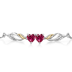 Gem Stone King 925 Sterling Silver and 10K Yellow Gold Red Created Ruby and White Lab Grown Diamond Tennis Bracelet For Women (1.22 Cttw, Heart Shape 5MM, Fully Adjustable Up to 9 Inch)