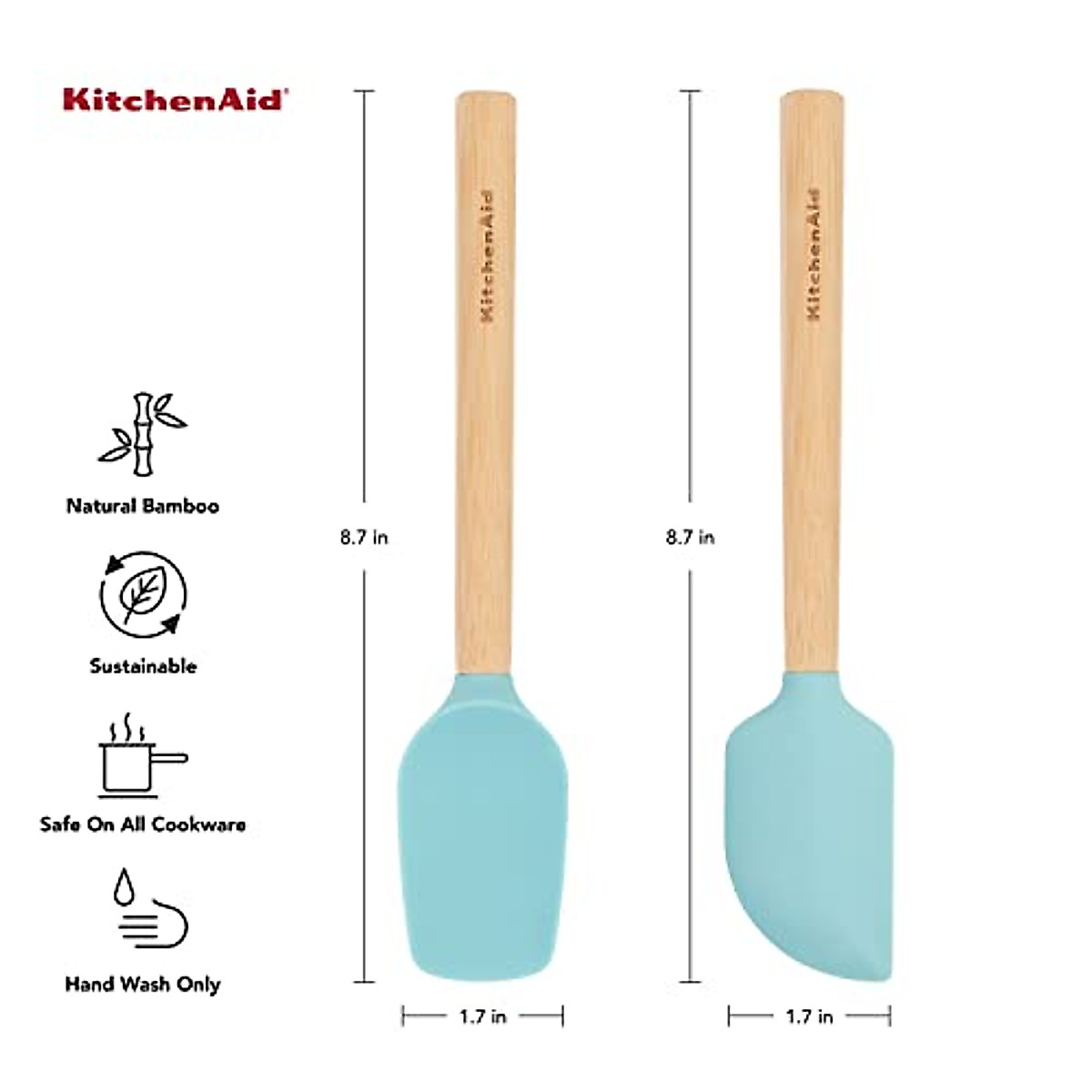 KitchenAid Bamboo Wood Handled Mini Spatula Set with Silicone Head, Set Of 2, Aqua Sky