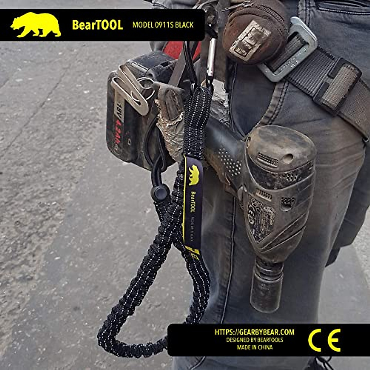 BearTOOLS Tool Lanyard with Standard Spring Carabiner and Adjustable Loop End, 90cm Length, Maximum Weight Limit 8KG / 17.6lb, Fall Restraint with Shock Cord Stopper, 3 Combo Pack (Black 0913S)