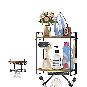 EsLuker.ly 2 Tiers Ironing Board Holder Wall Mount, Iron Board Hanger Rack Organization with Removable Hooks, Laundry Room Shelves with Large Wooden Baskets for Iron and Ironing board Set, Black