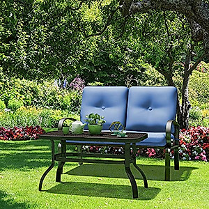 n/a 2PC Patio Love Seat Coffee Table Furniture Set Bench W/Cushions Blue Loveseat Coffee Table