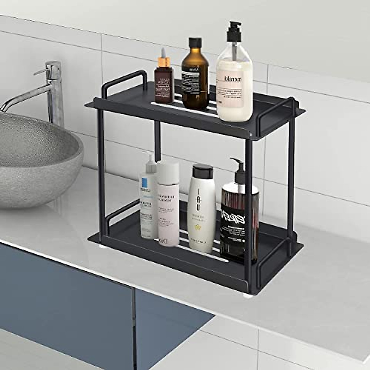 HUFEEOH 2 Tier Bathroom Organizer Countertop, Under the Sink Organizer Kitchen Spice Rack Storage Shelf Minimalist Cosmetic Organizer Holder - Black