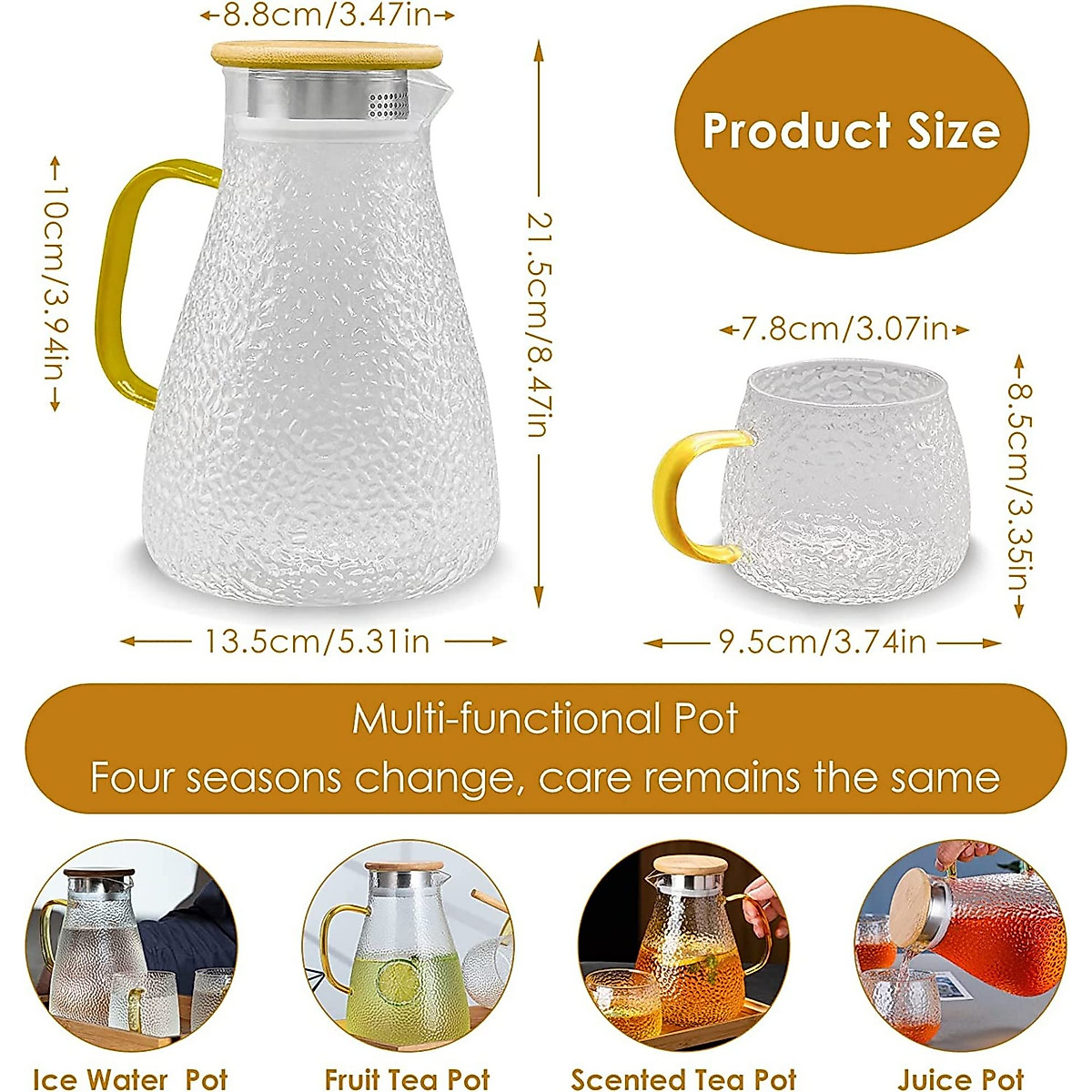 Glass Pitcher with Lid with 2 Cups, Durable 0.52 Gal Glass Pitcher with Handle with 2 Glass Cups, Water Carafe with Cups Teapot Set Gift for Hot/Cold Beverage, Juice or Tea