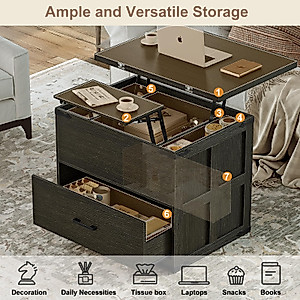 FABATO Lift Top Coffee Table, Farmhouse Coffee Table, Convertible Coffee Table with Storage and Drawer, Multifunctional Center Table Converts to Dining Game Table for Living Room, Dark Gray