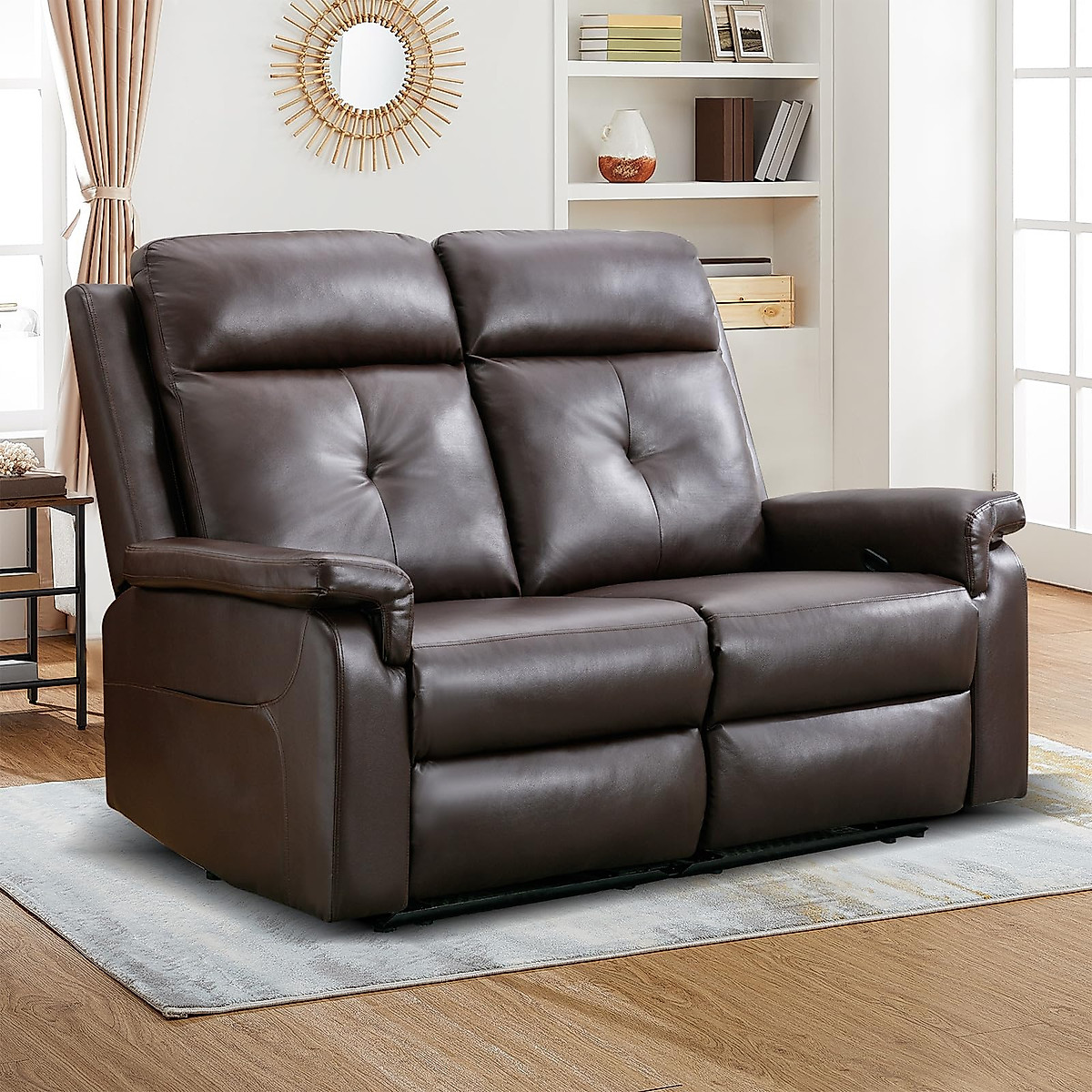 PALLOME Loveseat Recliner, PU Leather Reclining Sofa, 54'' Double Recliner Loveseat with Heat and Massage, RV Theater Seating, Manual Recliner Chair for Living Room (Brown)