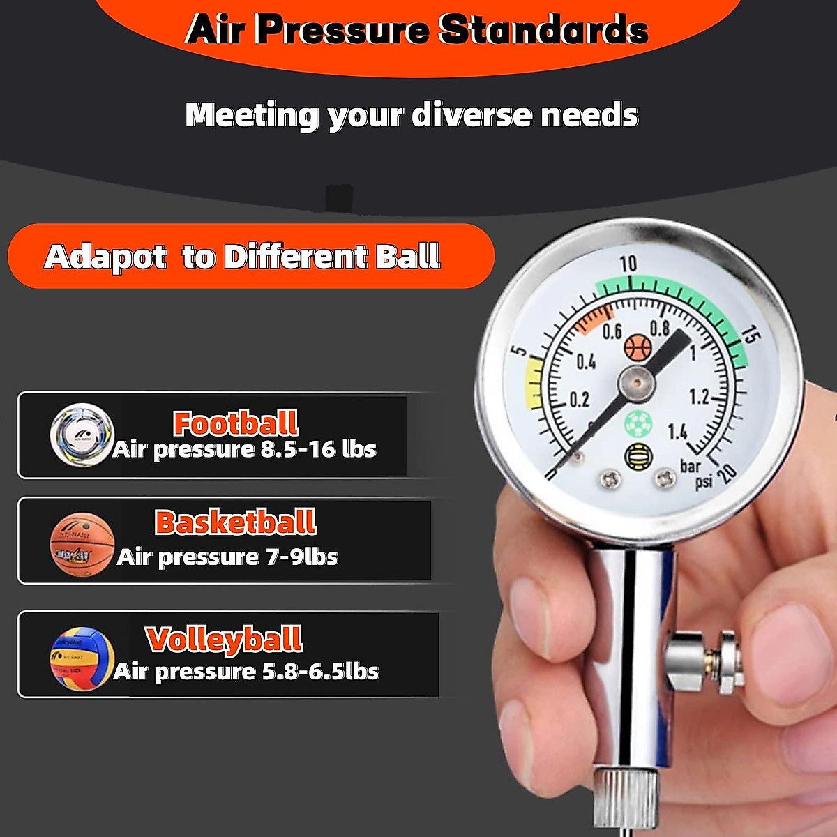 Ball Pressure Gauge, Mini Portable Basketball Football Volleyball Ulitity Air Pressure Gauge Sports Inflation Devices