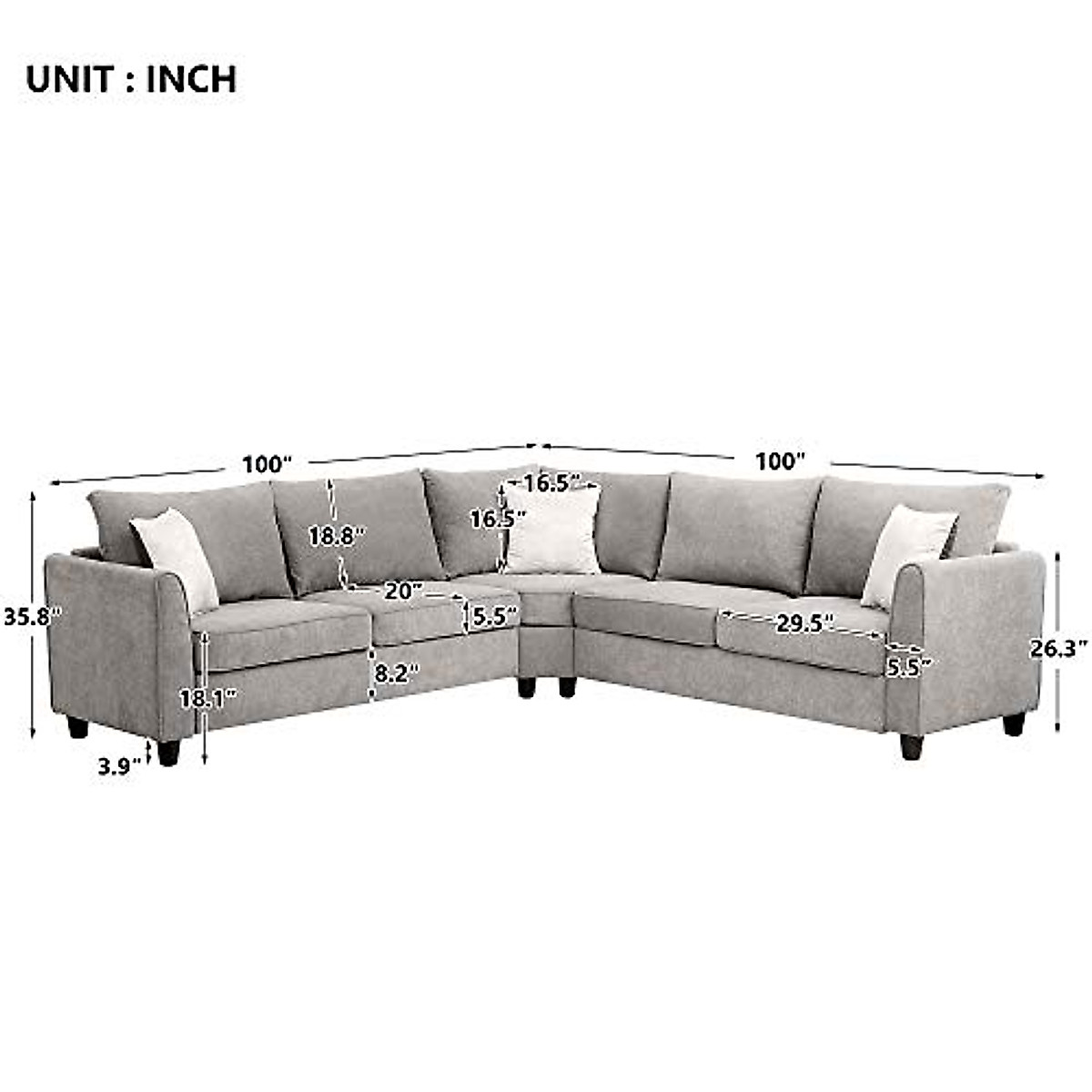 AUKUYEE Modern Fabric Sectional Couch Living Room, 6-Pcs L-Shaped Corner Sofa with 3 Pillows, 100 inch, Grey
