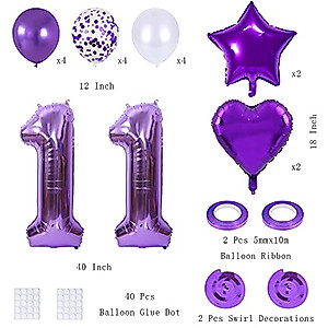 Maigendoo 11 Number Balloon Set Digit Balloons Latex Balloon Confetti Balloon Heart Star Moon Foil Mylar Balloon with Swirl Decorations for 11th Birthday Party Graduation Anniversary Event, Purple