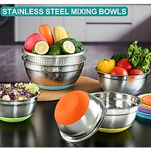 Naitesen 28PCS Mixing Bowls with Lids Colander Set, Stainless Steel Nesting Bowls with Measuring Spoons and Cups Cooking Utensils for Baking Supplies Kitchen Essentials Tools