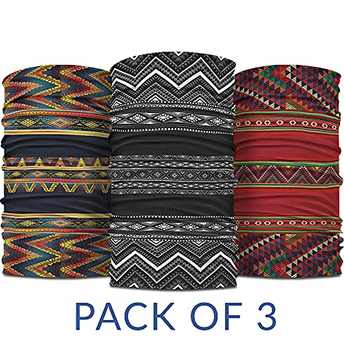 Yes We Vibe Neck Gaiter Face Mask + Bandana Headband + Buff (3 Pack) - Colorful & Vibrant Design - For Men and Women