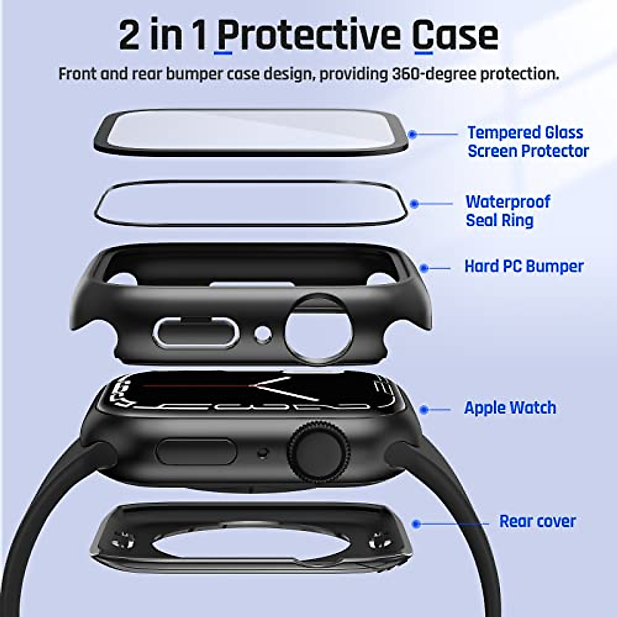 Goton 2 in 1 Waterproof Case for Apple Watch Series 8 & Series 7 45mm Screen Protector, 360 Protective Glass Face Cover Hard PC Bumper + Back Frame for iWatch 8/7 Accessories 45 mm, Black