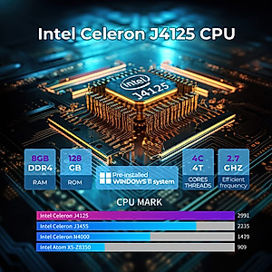 HIGOLEPC Mini PC Windows 11 Pro Celeron J4125 8GB/128GB,Micro Computer Stick PC USB PD3.0 and HDMI 4K Gigabit Ethernet,WiFi 6.0,BT 5.2, Mini Computer on Business Office Media Home