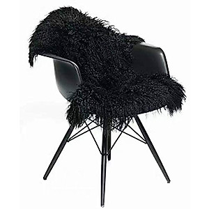 Genuine Tibetan/Mongolian Lambskin Sheepskin Hide Pelt Throw Area Rug Plate Wool Carpet Curly Sheep Fur in Bedroom, Living Room 3.5x2Ft (Black)