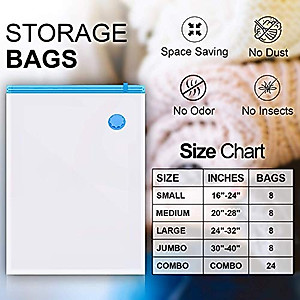 Reusable Vacuum Seal Bags | Vacuum Seal Bags for Clothes |Combo Pack of 24 Space Saver Storage Bags, 6 of Each Size Vacuum Packing Bags