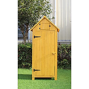 Hanover Outdoor Vertical Wooden Storage Shed for Tools, Equipment, Garden Supplies, with Shelf and Locking Latch, 8.7 cu. ft. Capacity
