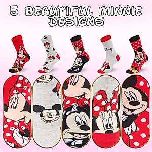 Disney Womens Novelty Socks, Pack of 5 Soft Calf Socks - Gifts for her (4/9 US, Red Minnie Mouse)