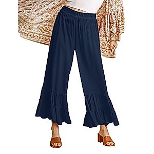 Mundoven Flowy Palazzo Linen Pants for Women Elastic High Waisted Wide Leg Ruffle Ruched Loose Beach Trousers (0004-Blue-XL)