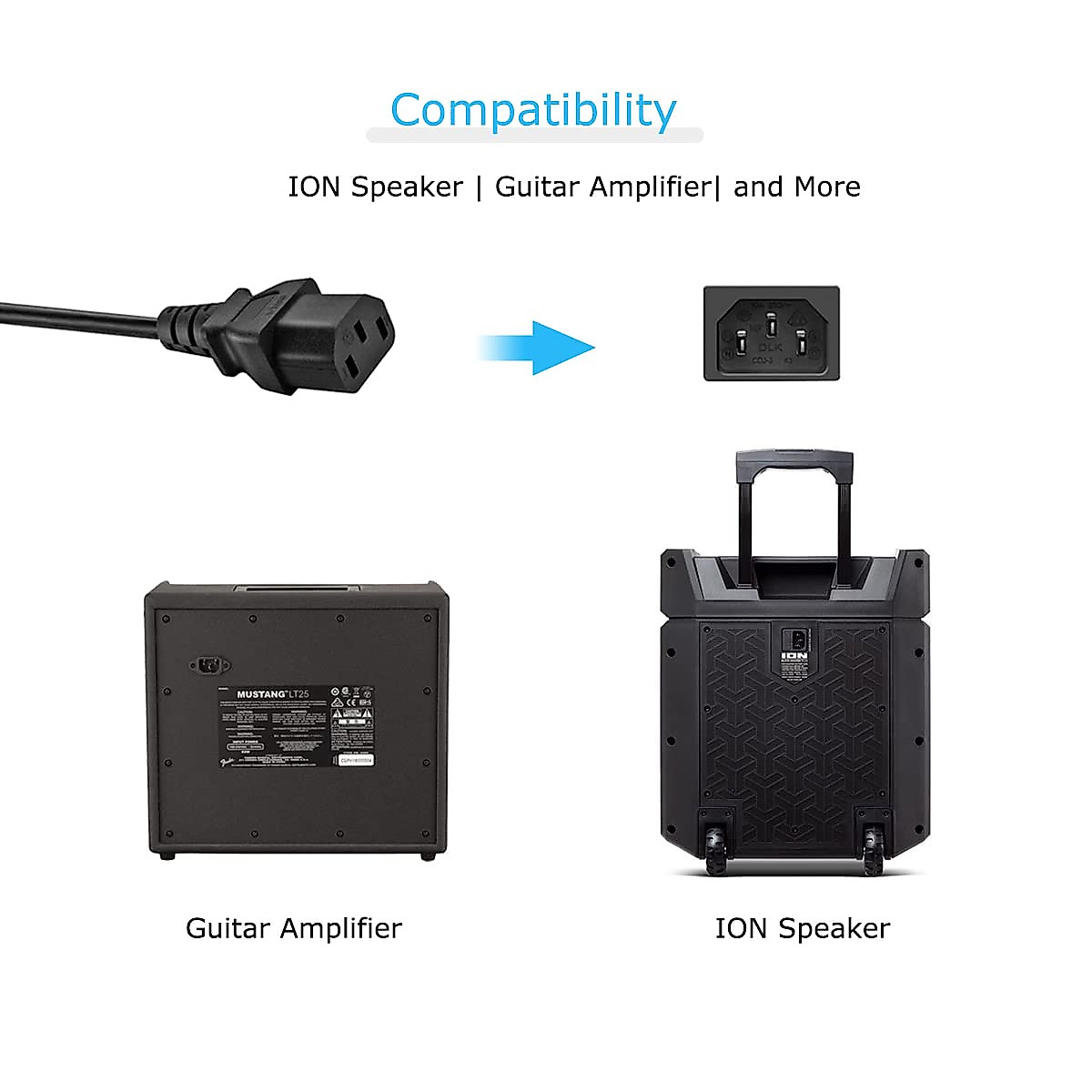 12Ft 3 Prong Power Cord Compatible Guitar Amp, ION Block Rocker, Job Rocker, Explorer Portable Speaker System, ION iPA76C iPA76A iPA76S IPA23 Block Party & Live Power Cable Replacement
