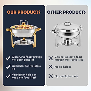 Gold Chafing Dish Buffet Set 5QT 4Packs, Stainless Steel Round Chafers with Glass Viewing Lid & Lid Holder, Buffet Servers and Warmers Set for Dinner, Parties, Wedding, Camping