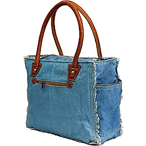 NATURALS EXPORT OAG Upcycle Canvas Bag, Handmade Canvas Bag With Leather, Canvas Tote Bag, Canvas Shoulder Bag, Canvas Handbag for Women, Blue