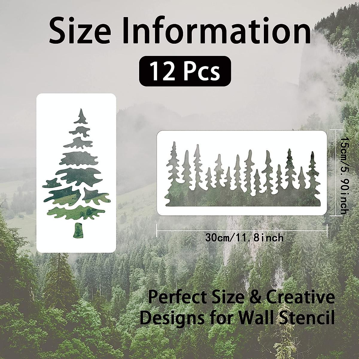 INFUNLY 12PCS Tree Stencil for Painting Pine Tree Stencils 11.8x5.9inches Reusable Painting Template Wall Sencils for Painting on Wood Forest Stencils for Painting on Wall Furniture Christmas Decor