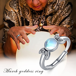 lotus & leaf Triple Moon Goddess Ring Sterling Silver Moonstone Jewelry Pagan Wiccan Ring Triple Moon Goddess Gifts for Women