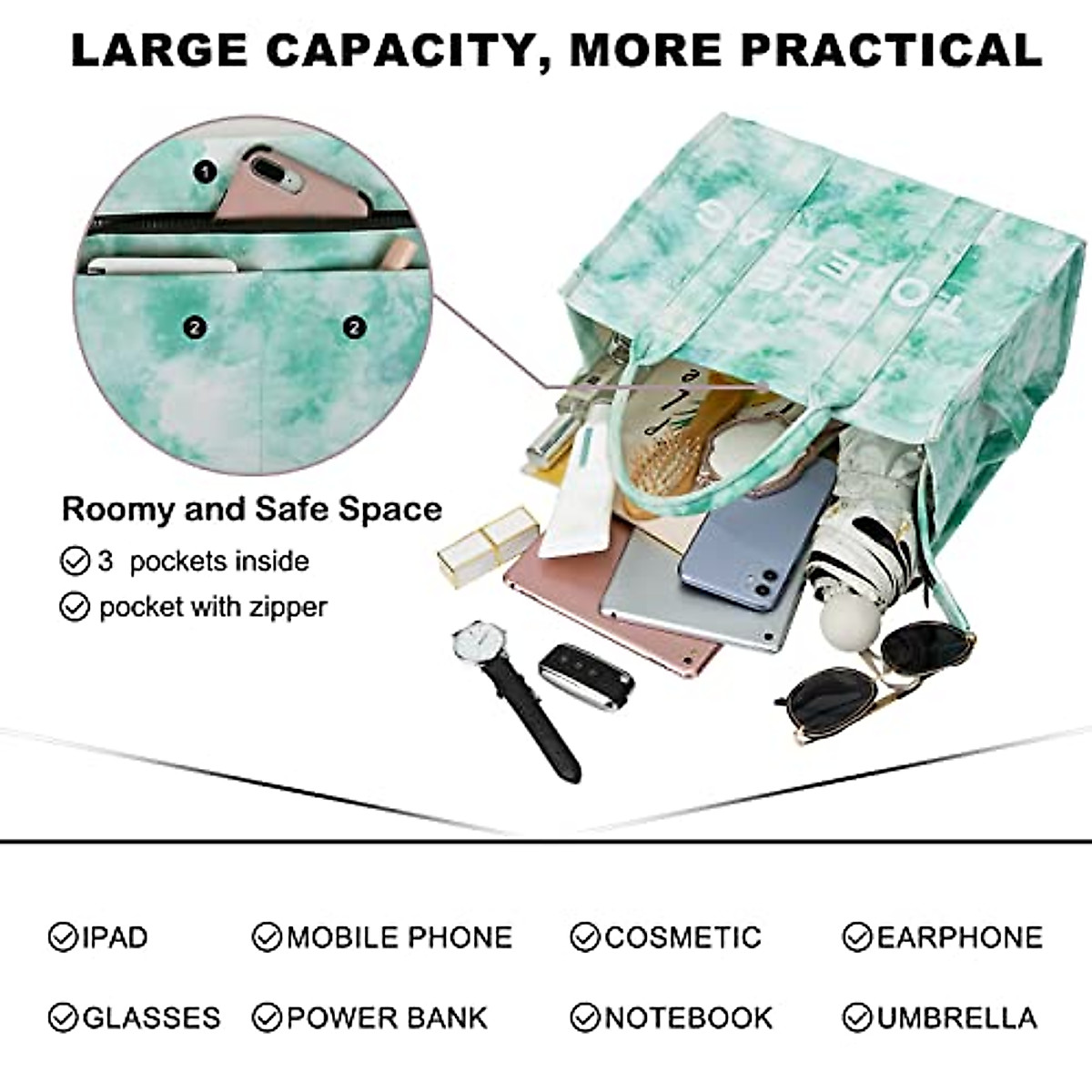 Canvas Tote Bags for Women, Large Tote Purse with Zipper Fashion Shoulder Crossbody Bag Handbag for Work, Travel, School