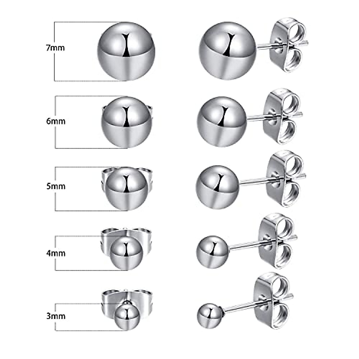 MDFUN 6 Pairs Surgical Stainless Steel Round Ball Stud Earrings Set for Women Men 3-7mm
