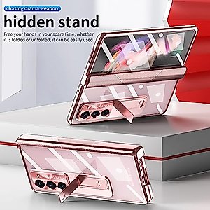 PUROOM for Samsung Galaxy Z Fold 5 Hinge Coverage Protective Case Transparent Plating PC with Pen Holder Kickstand Screen Protector All-Inclusive Case (z fold 5, Rose Gold)