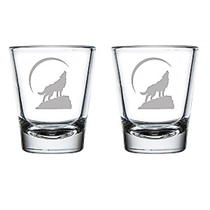 Set of 2 Shot Glasses 1.75oz Shot Glass Wolf Howling At Moon