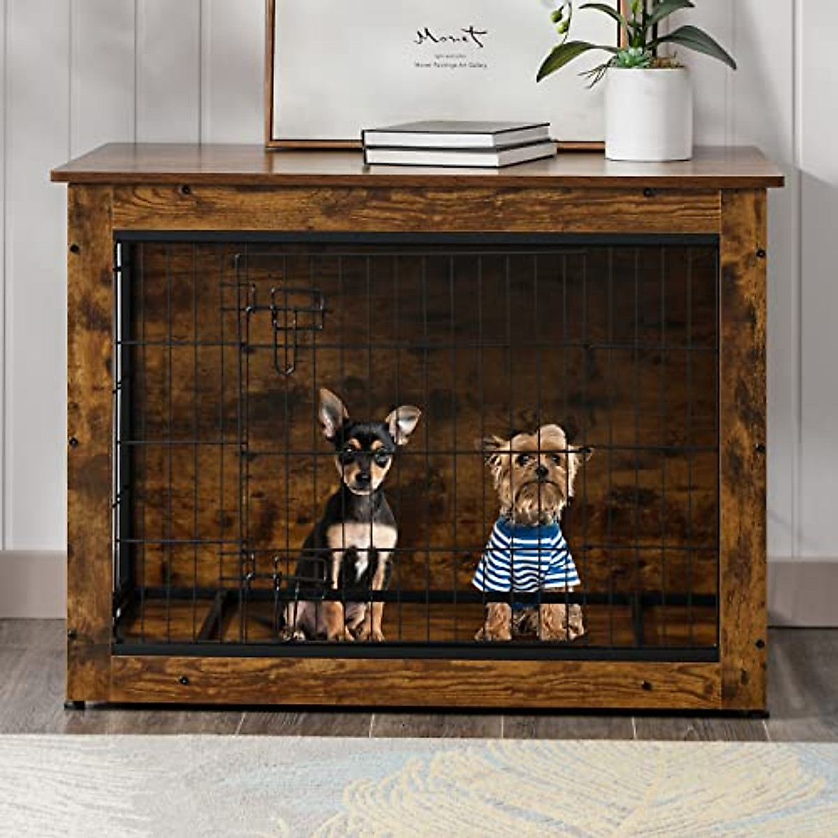 TABU Dog Crate Furniture, Wooden Dog Furniture End Table, Indoor Dog Kennel with Multi-Purpose Removable Tray, Double Door Dog Cage for Small/Medium Dogs,Rustic Brown,38" L