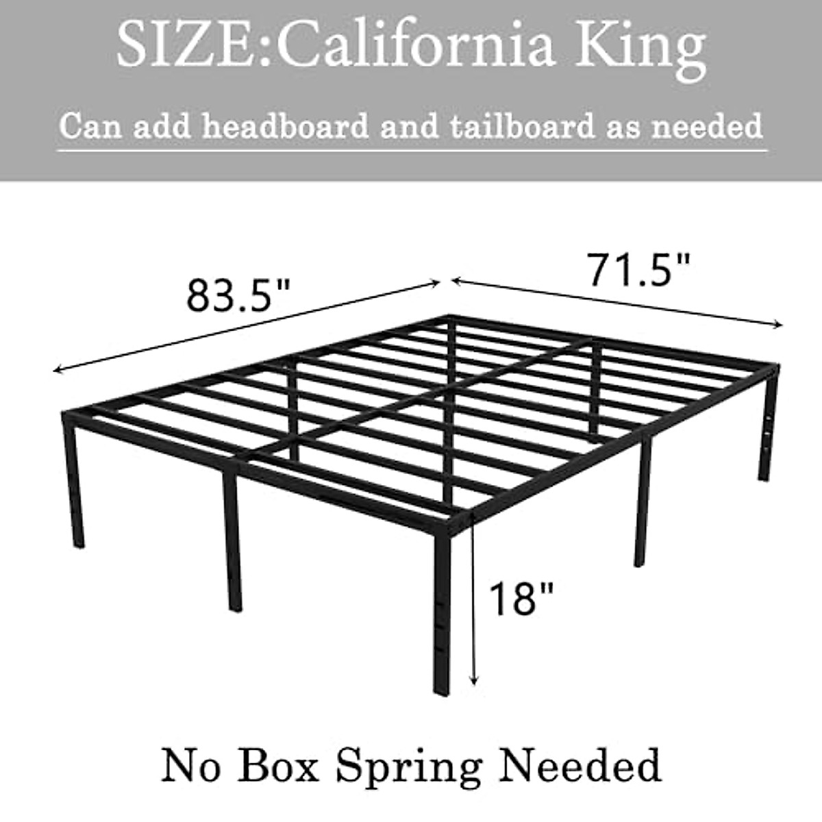 Yedop 18 Inch California King Size Bed Frames, No Box Spring Needed, 2500 lbs Heavy Duty Steel Slat Support, Non-Slip & Noise Free, California King Metal Bed Frame, Black