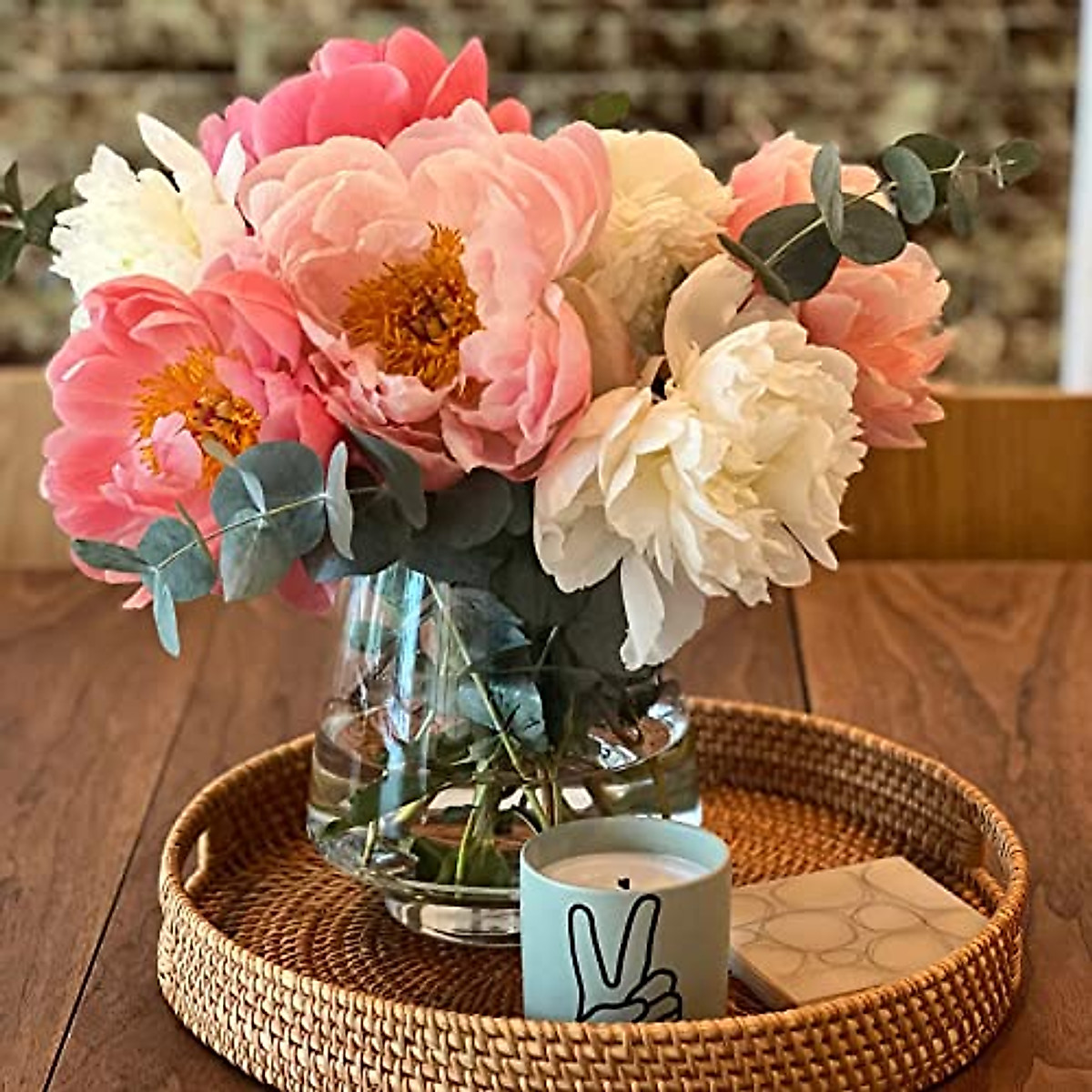 Decorative Coffee Table Tray | Farmhouse Boho Decor | Round Rattan Tray Basket | Wicker Serving Tray with Handles | Drink, Tray for Ottoman | Circle Round Tray | Fall Decor