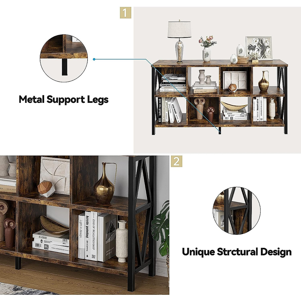 SOMEET 8 Cubes Open Bookshelf with Back Panel, Horizontal Organizer Cubby Storage Bookcase with Legs, Industrial Rustic Wood and Metal Long Display Cabinet Shelf for Living Room, Walnut Brown