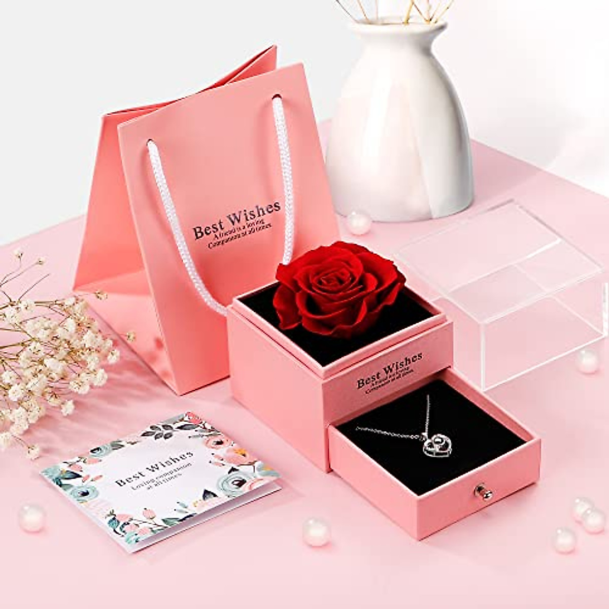 Preserved Red Real Rose with I Love You Necklace in 100 Languages, Eternal Enchanted Rose Flower Gifts for Women Mom Wife Girlfriend Valentines Day Anniversary Mothers Day Birthday Gifts for Her