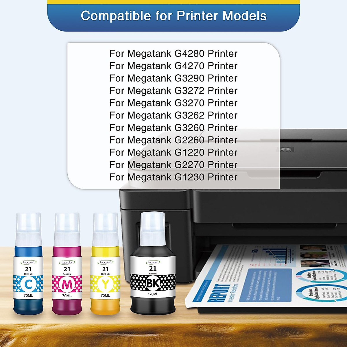 Topcolor GI-21 G3270 G3260 Ink Bottles Compatible for Canon 21 GI-21 GI21 Ink Refill Bottles Set, Compatible for Canon MegaTank G3270 G3260 G3290 G3272 G4280 G4270 G2270 G2260 G1220 G1230 Printer
