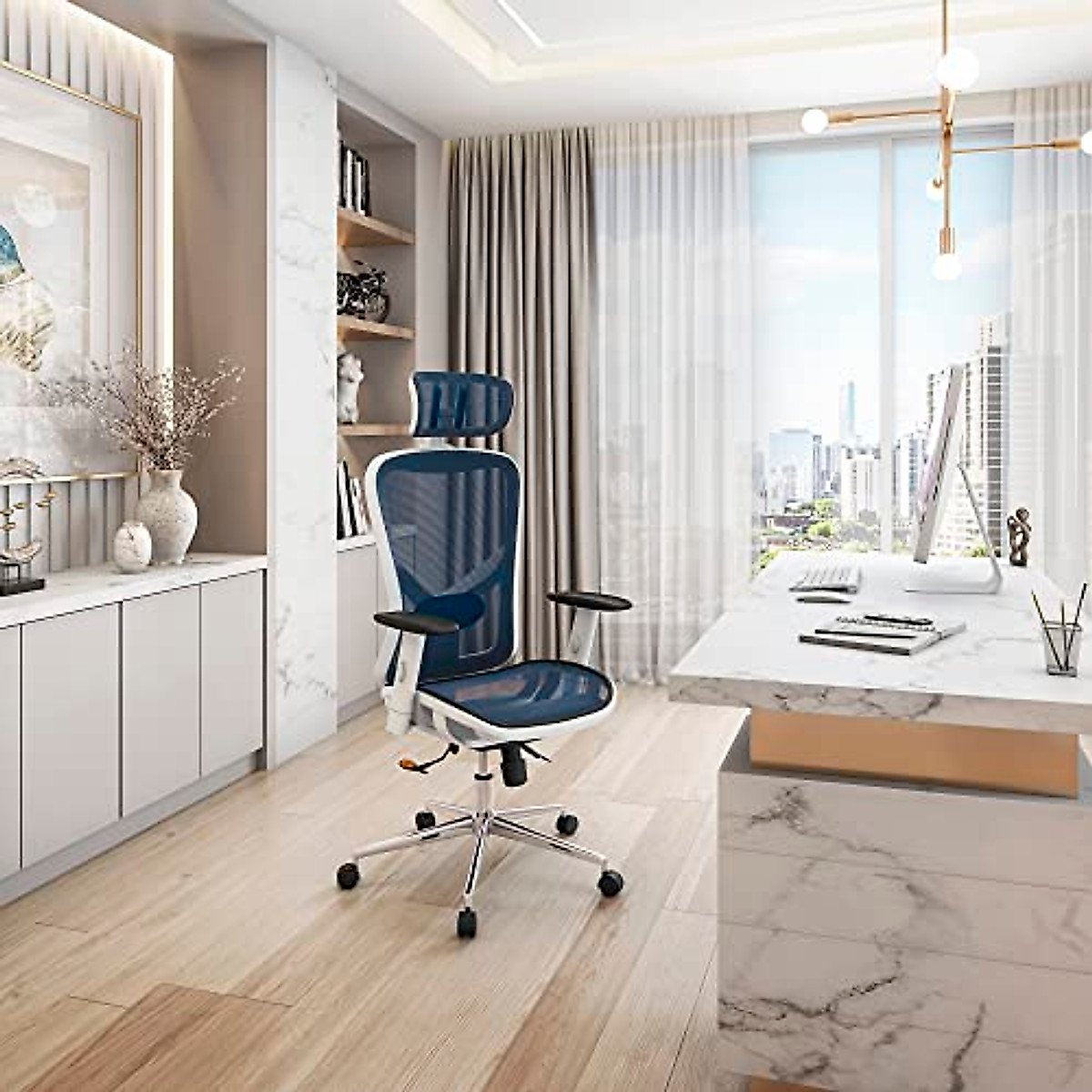 Techni Mobili Mesh Office Chair - High Back Computer Desk Chair with Adjustable Arms, Headrest, & Lumbar Support - Ergonomic Chair with Seat Cushion, Wheels, & Reclining Tilt Lock