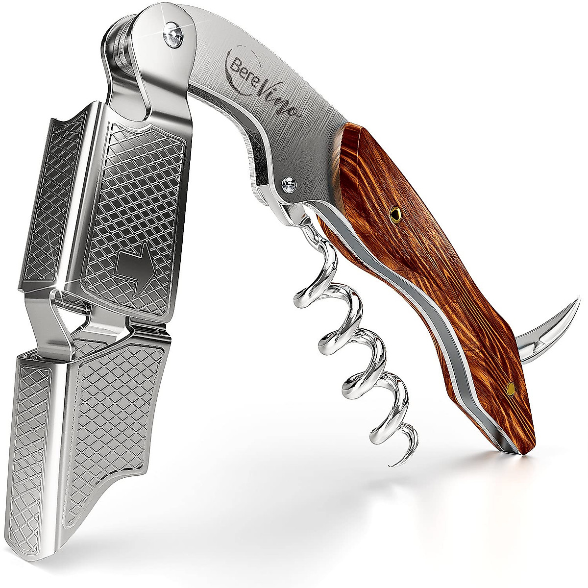 Bere Vino Professional Wine Opener with Foil Cutter | Manual Waiter Corkscrew, Wine Key for Servers and Bartenders | Stainless Steel Rosewood Wine Bottle Opener with Can/Bottle Opener for Home