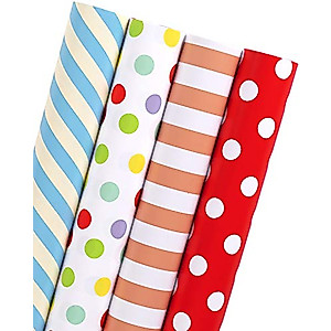 WRAPAHOLIC Wrapping Paper Roll - Stripes and Polka Dots Print with Cut Lines for Birthday, Holiday, Baby Shower - 4 Rolls - 30 inch X 120 inch Per Roll