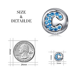 FOREVER QUEEN Alphabet Initial A-Z Letter Charm Bead in 925 Sterling Silver with 5A Blue CZ fit European Bracelet Necklace for Birthday Women Men Gifts (Letter. C Charm)