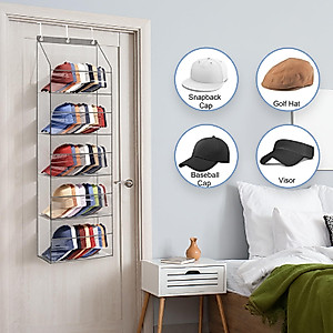 Fixwal Clear Over The Door Hat Racks Hanging Storage with 5 Large Pockets Holds up to 50 Caps Hat Storage Organizer for Closet Wall, Deep Pockets Hanging Hat Holder with 3 Hooks, Grey
