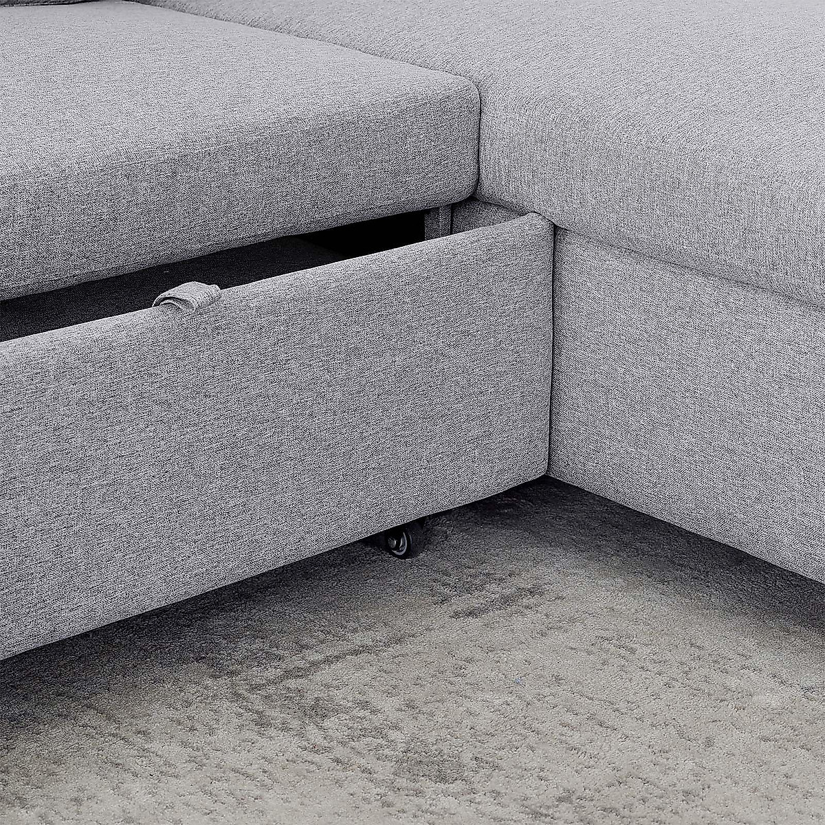 Antetek Reversible Sectional Sofa Couch with Pull-Out Bed, Modern Linen L-Shaped Sleeper Sofa Bed with Storage Chaise/Cup Holder/Side Pocket, Furniture Set for Living Room, Small Space, Light Grey